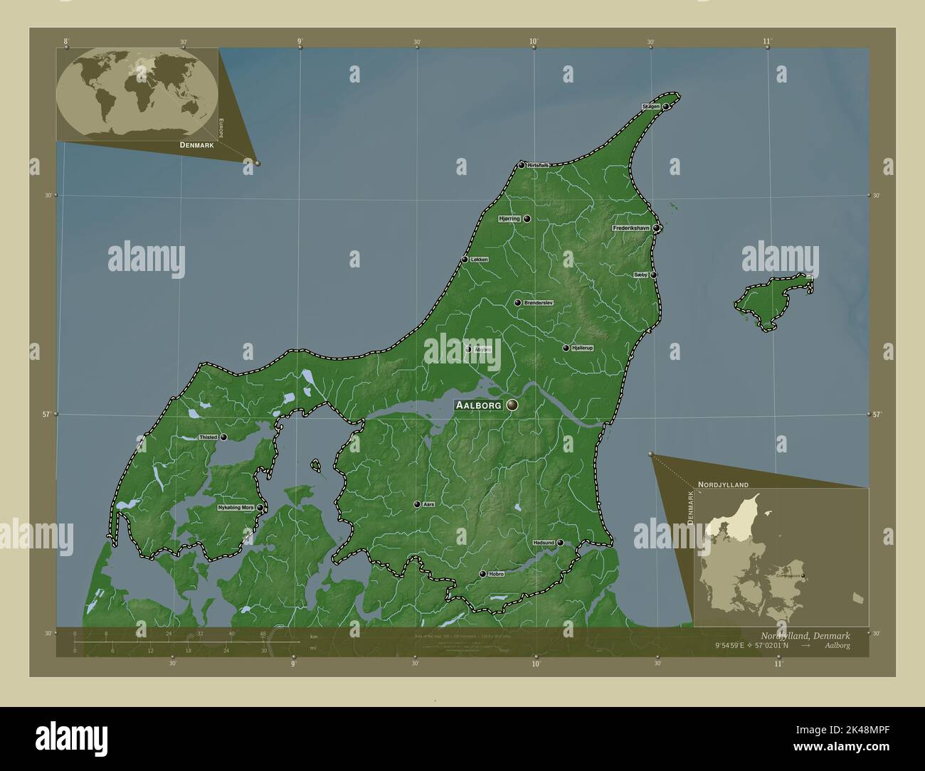 Nordjylland, region of Denmark. Elevation map colored in wiki style with lakes and rivers ...