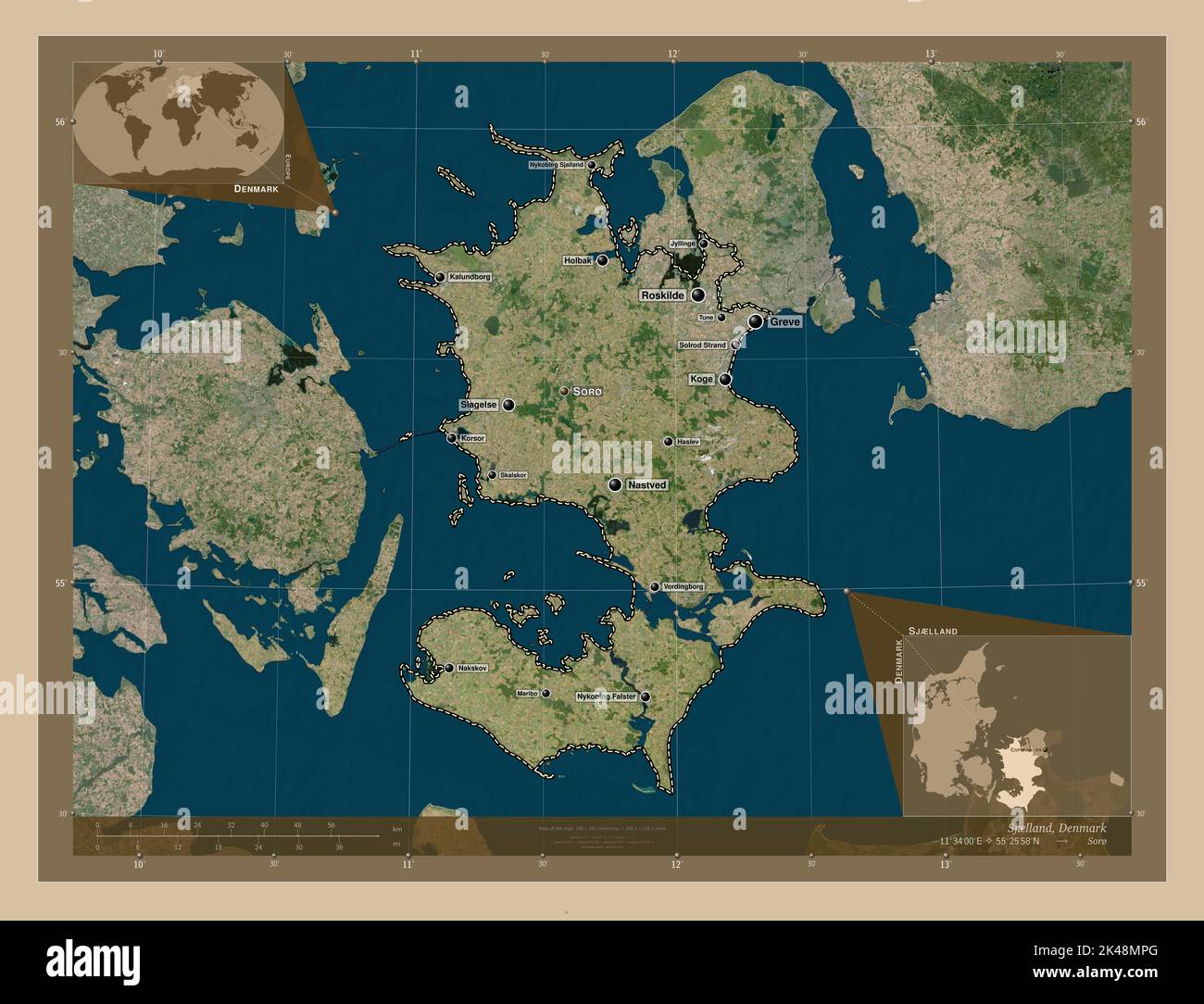 Sjlland, region of Denmark. Low resolution satellite map. Locations and names of major cities of ...
