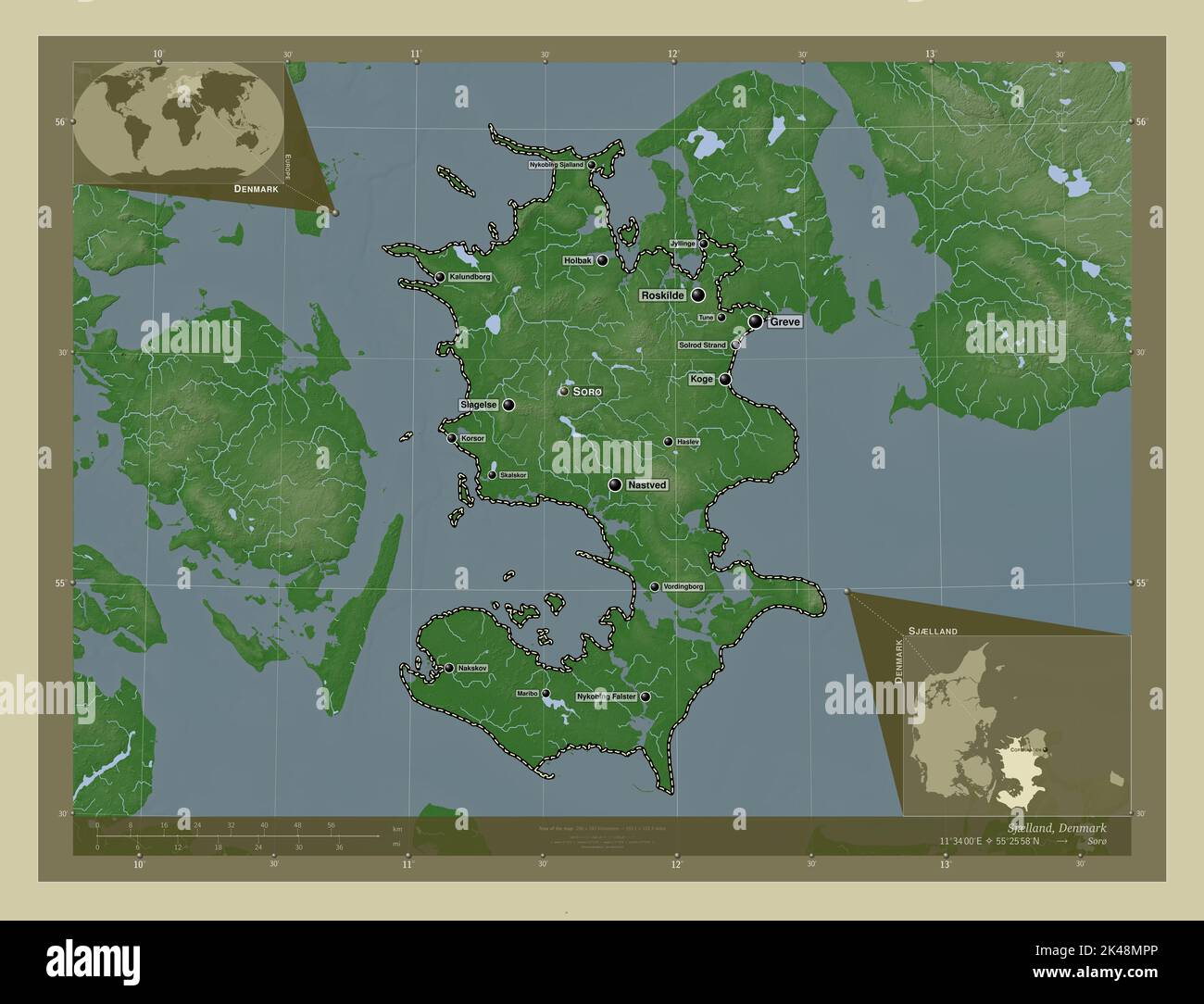 Sjlland, region of Denmark. Elevation map colored in wiki style with lakes and rivers. Locations ...