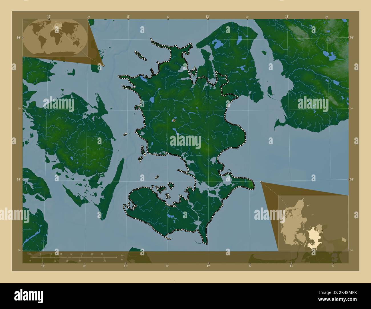 Sjlland, region of Denmark. Colored elevation map with lakes and rivers. Corner auxiliary ...
