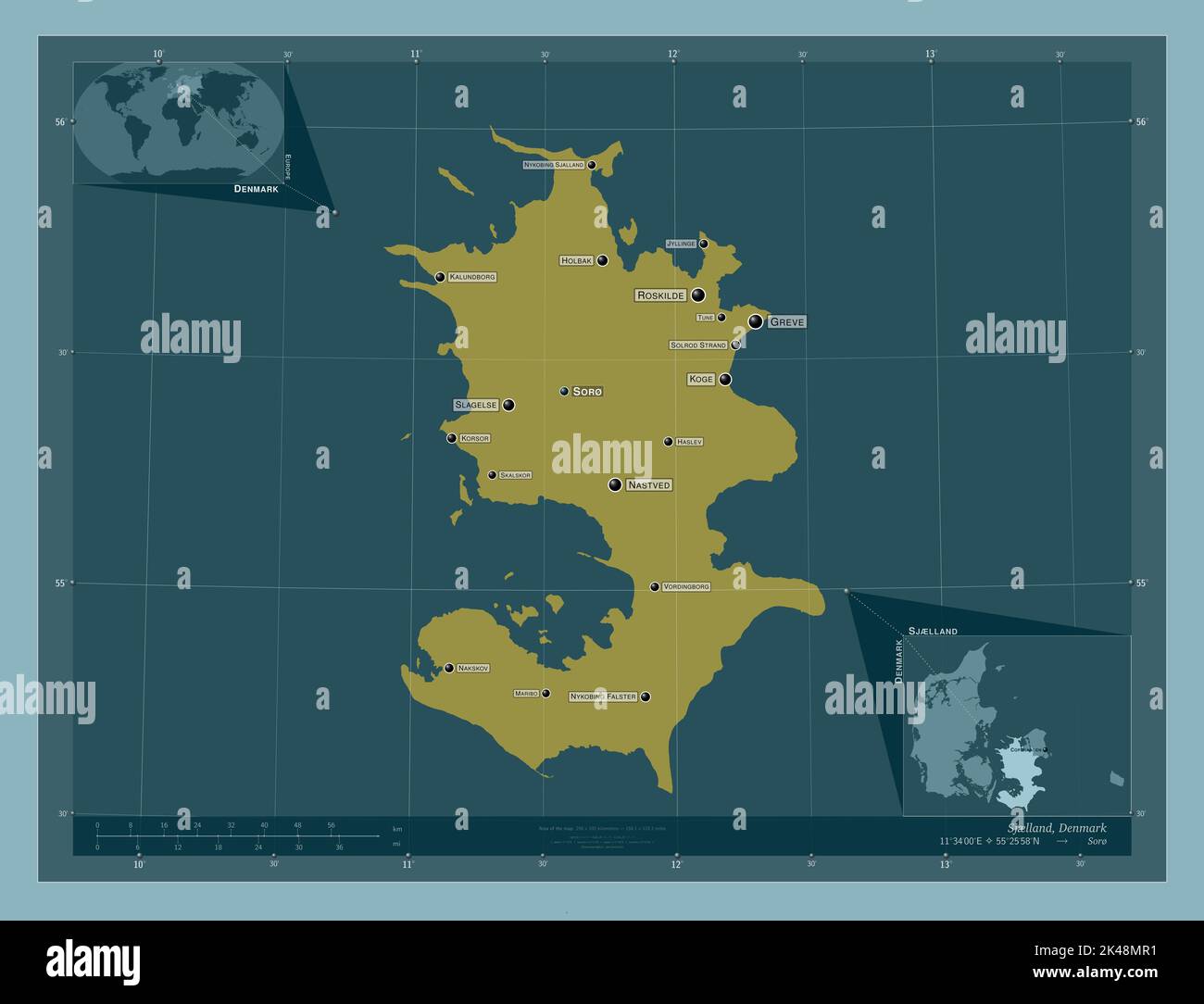 Sjlland, region of Denmark. Solid color shape. Locations and names of ...