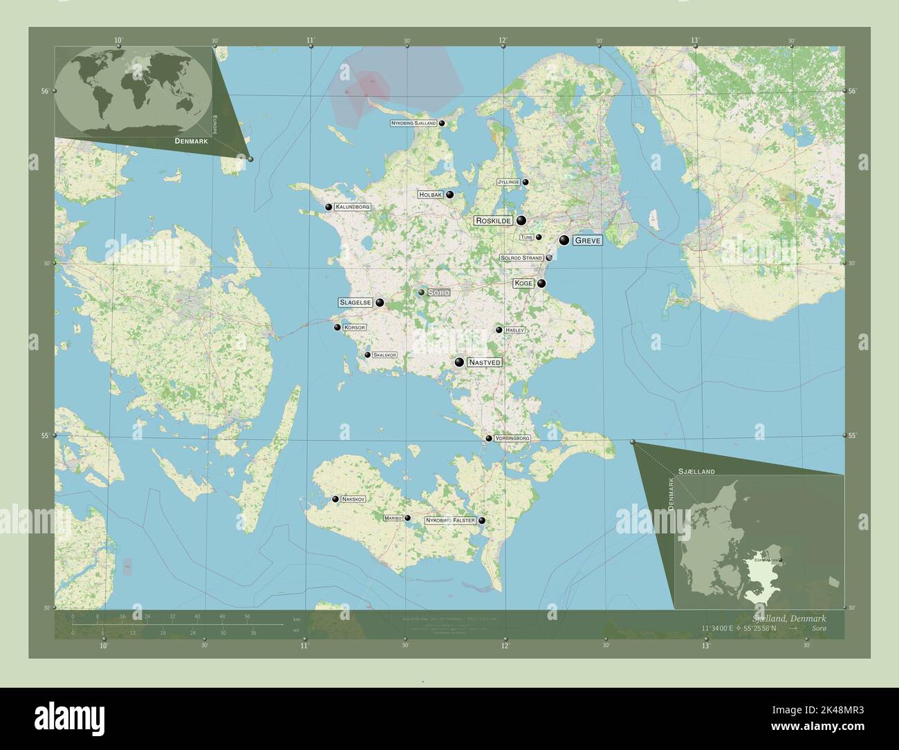 Sjlland, region of Denmark. Open Street Map. Locations and names of major cities of the region ...