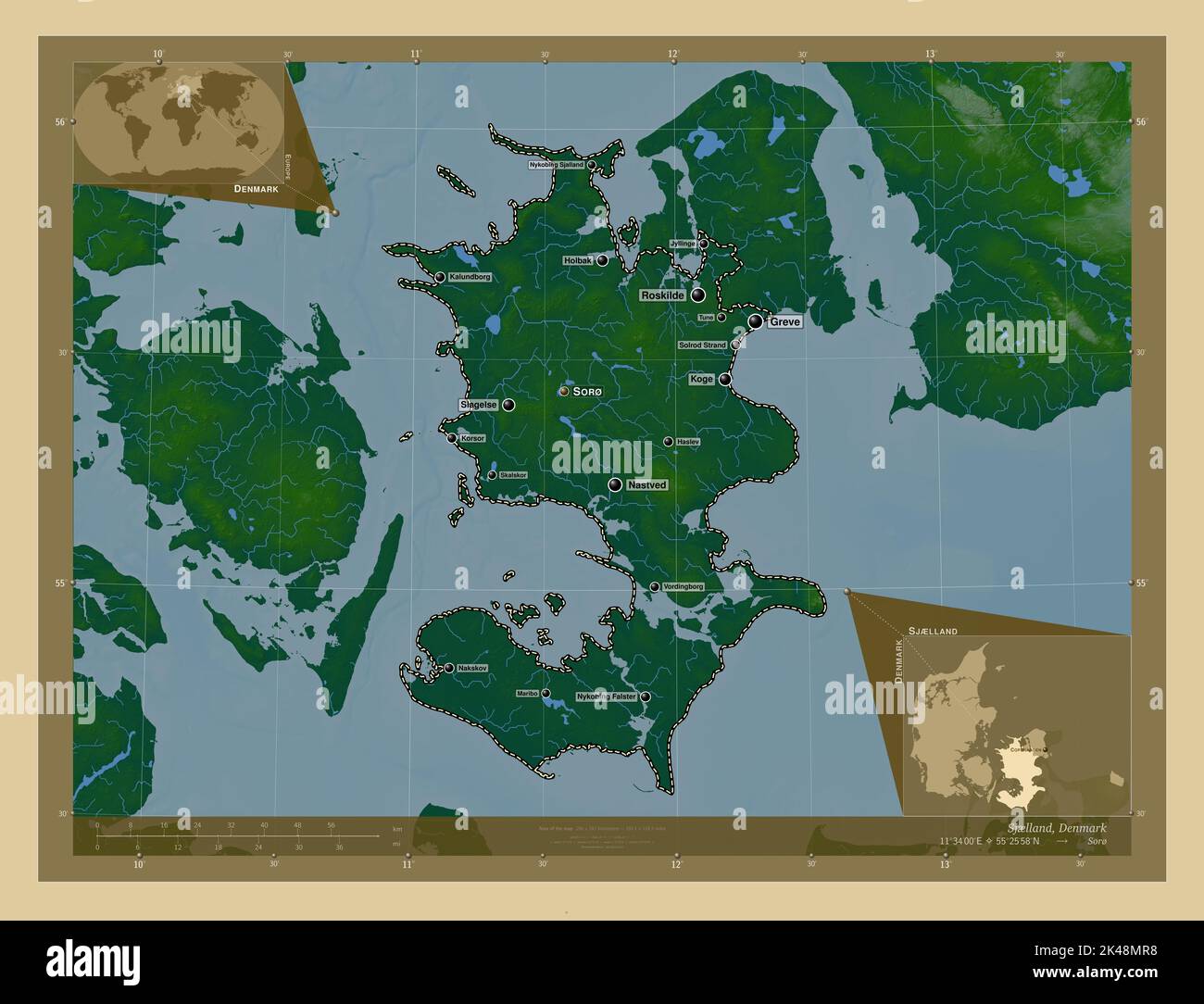 Sjlland, region of Denmark. Colored elevation map with lakes and rivers. Locations and names of ...