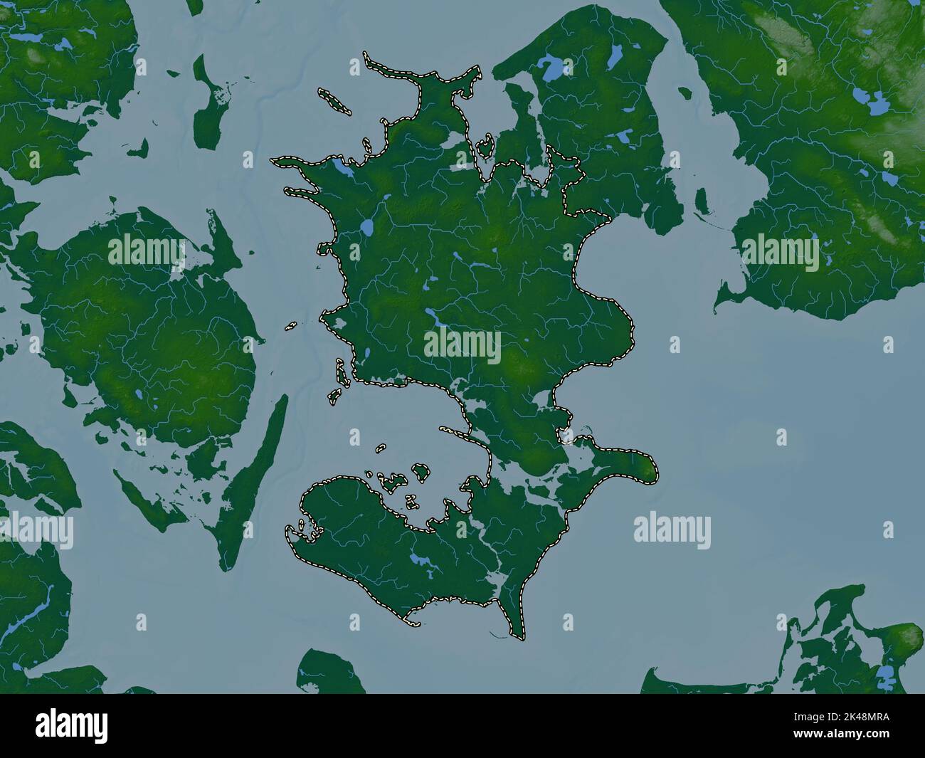 Sjlland, region of Denmark. Colored elevation map with lakes and rivers Stock Photo - Alamy