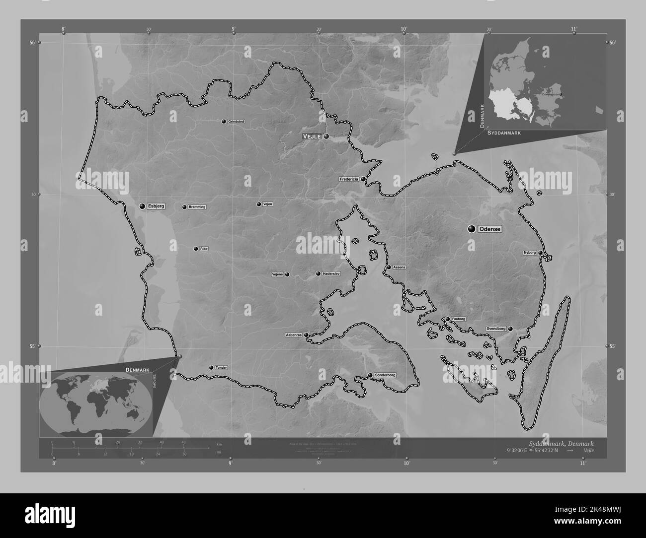 Syddanmark, region of Denmark. Grayscale elevation map with lakes and rivers. Locations and ...