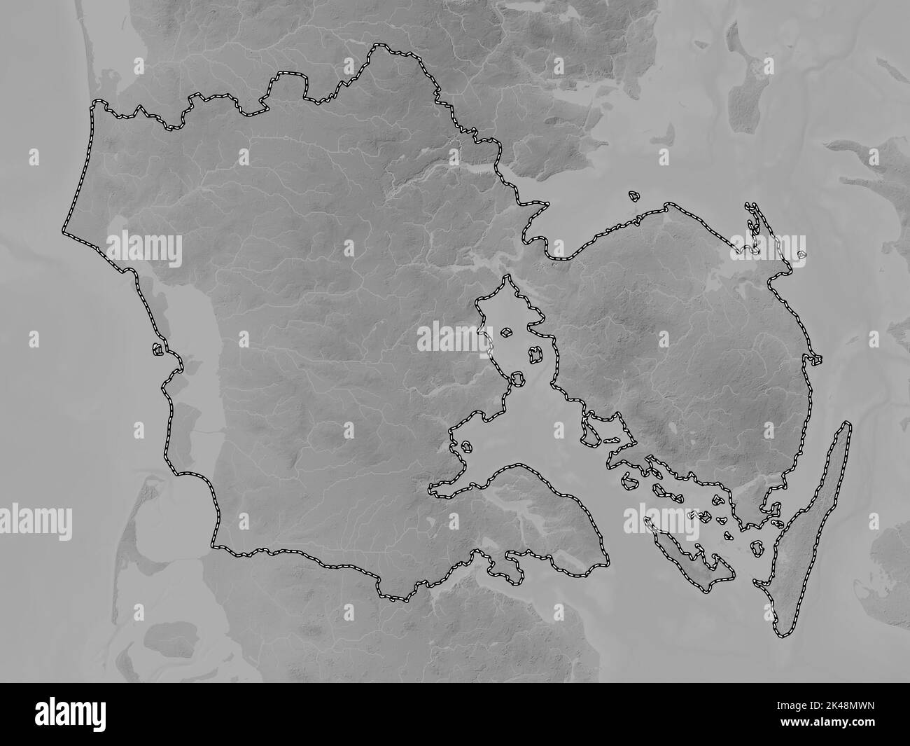Syddanmark, region of Denmark. Grayscale elevation map with lakes and rivers Stock Photo - Alamy