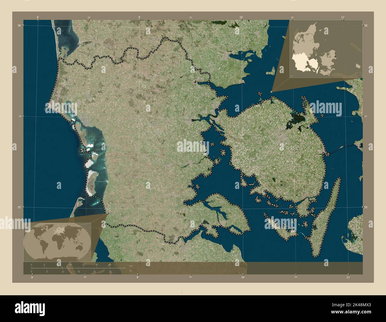 Syddanmark, region of Denmark. High resolution satellite map. Corner auxiliary location maps ...