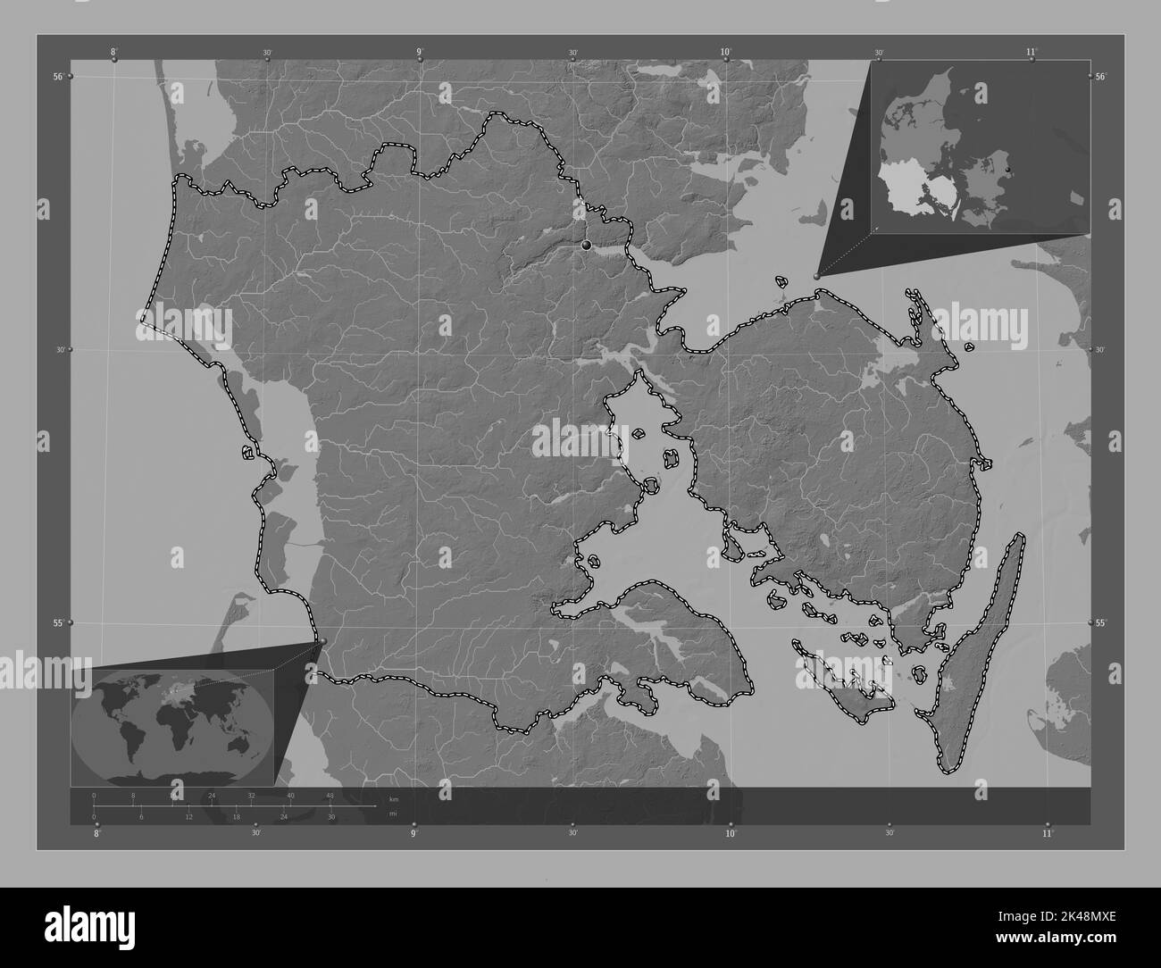 Syddanmark, region of Denmark. Bilevel elevation map with lakes and rivers. Corner auxiliary ...