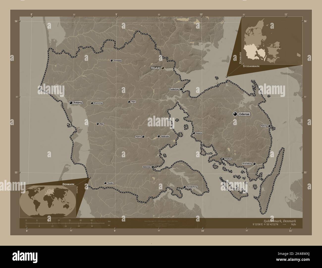 Syddanmark, region of Denmark. Elevation map colored in sepia tones ...