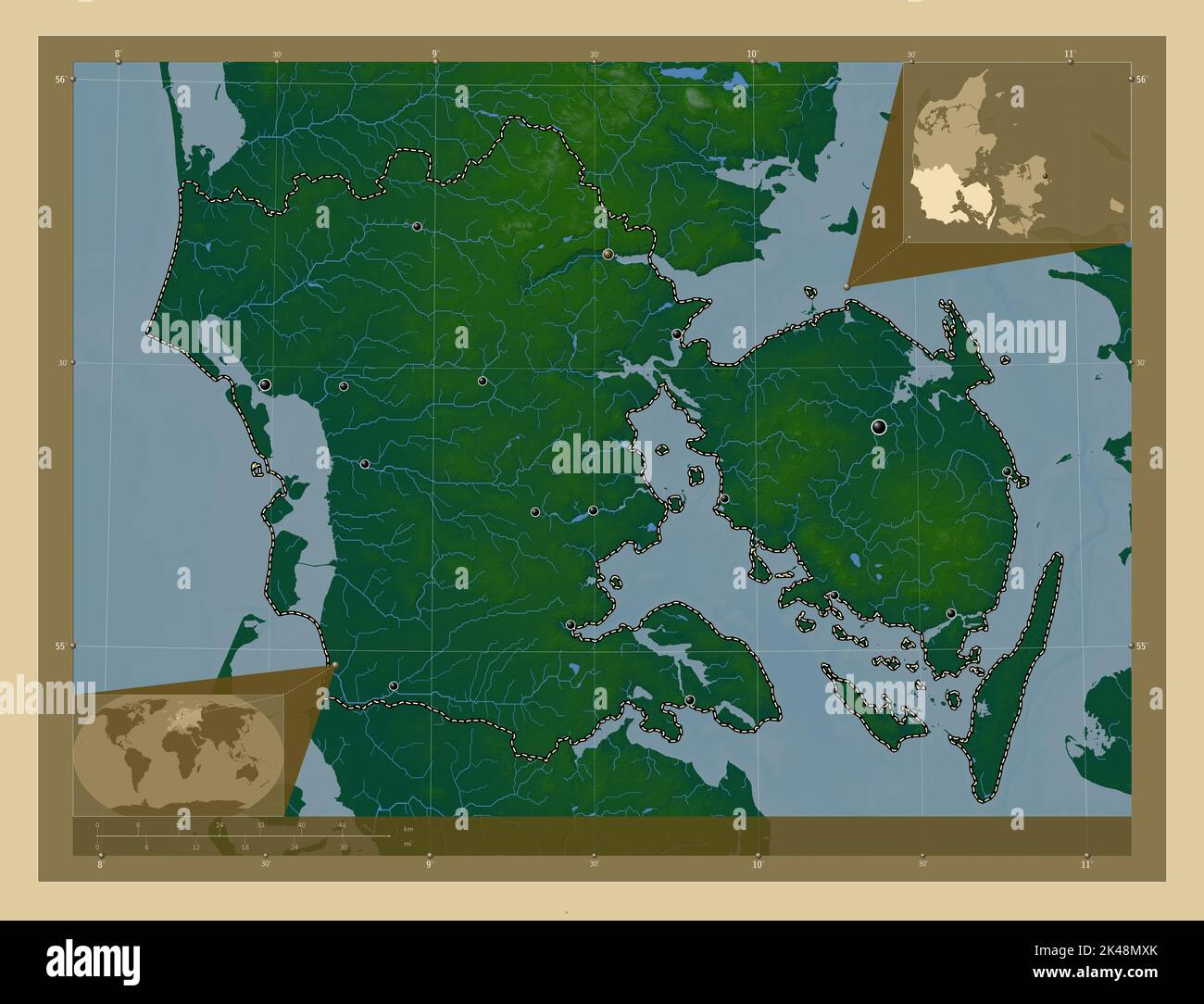 Syddanmark, region of Denmark. Colored elevation map with lakes and ...