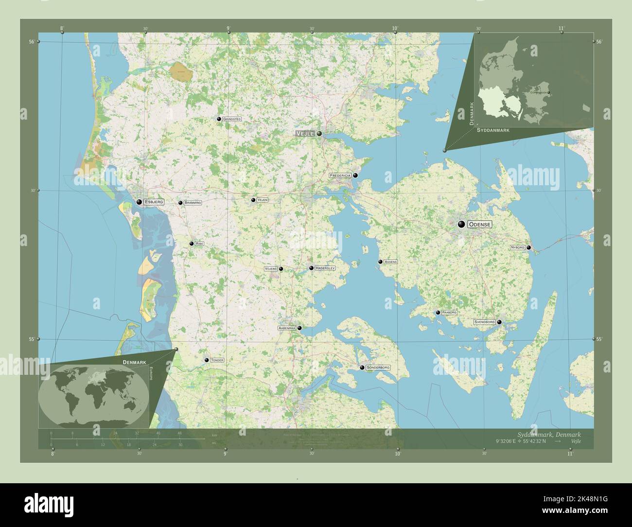 Syddanmark, region of Denmark. Open Street Map. Locations and names of ...