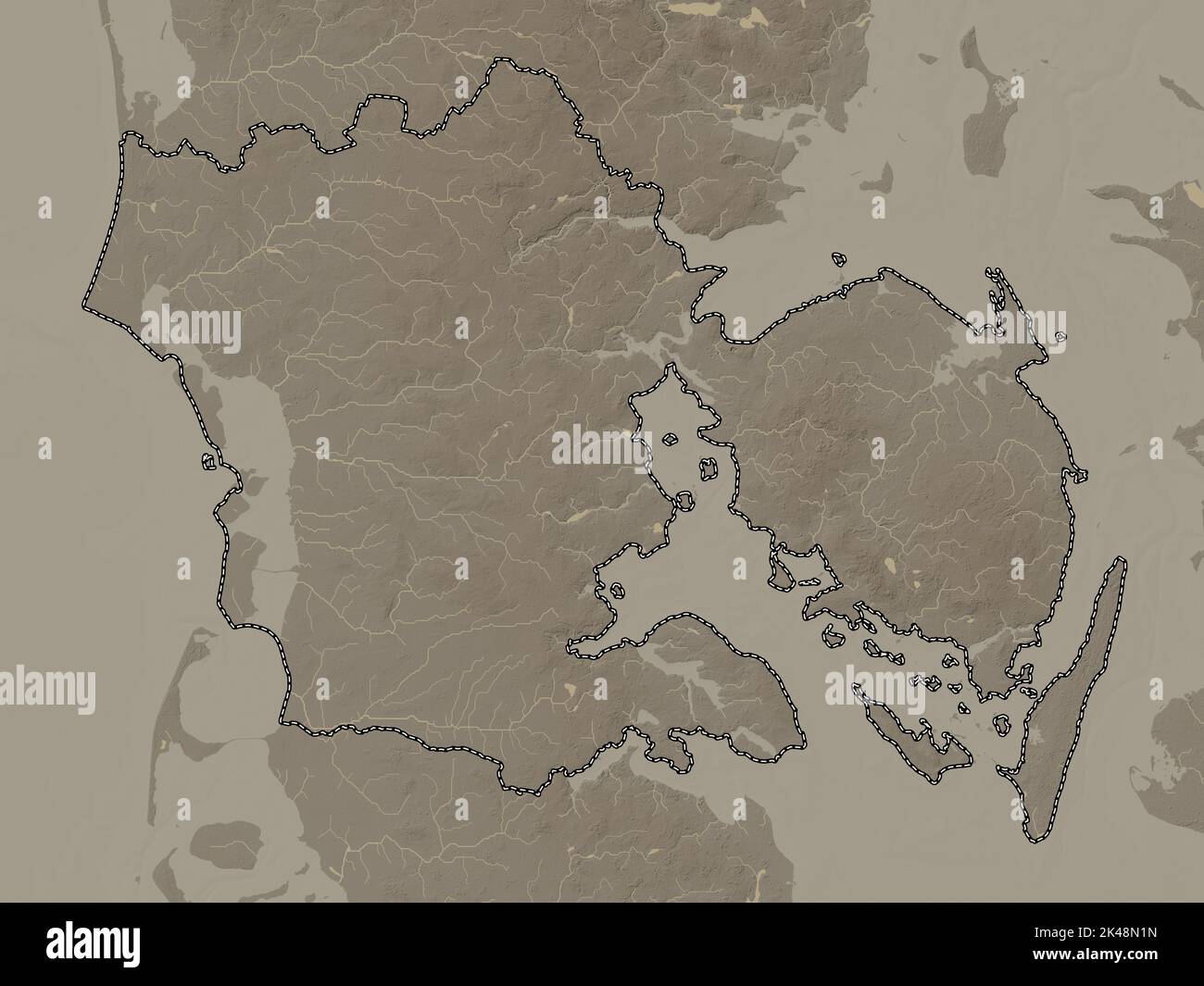 Syddanmark, region of Denmark. Elevation map colored in sepia tones with lakes and rivers Stock ...