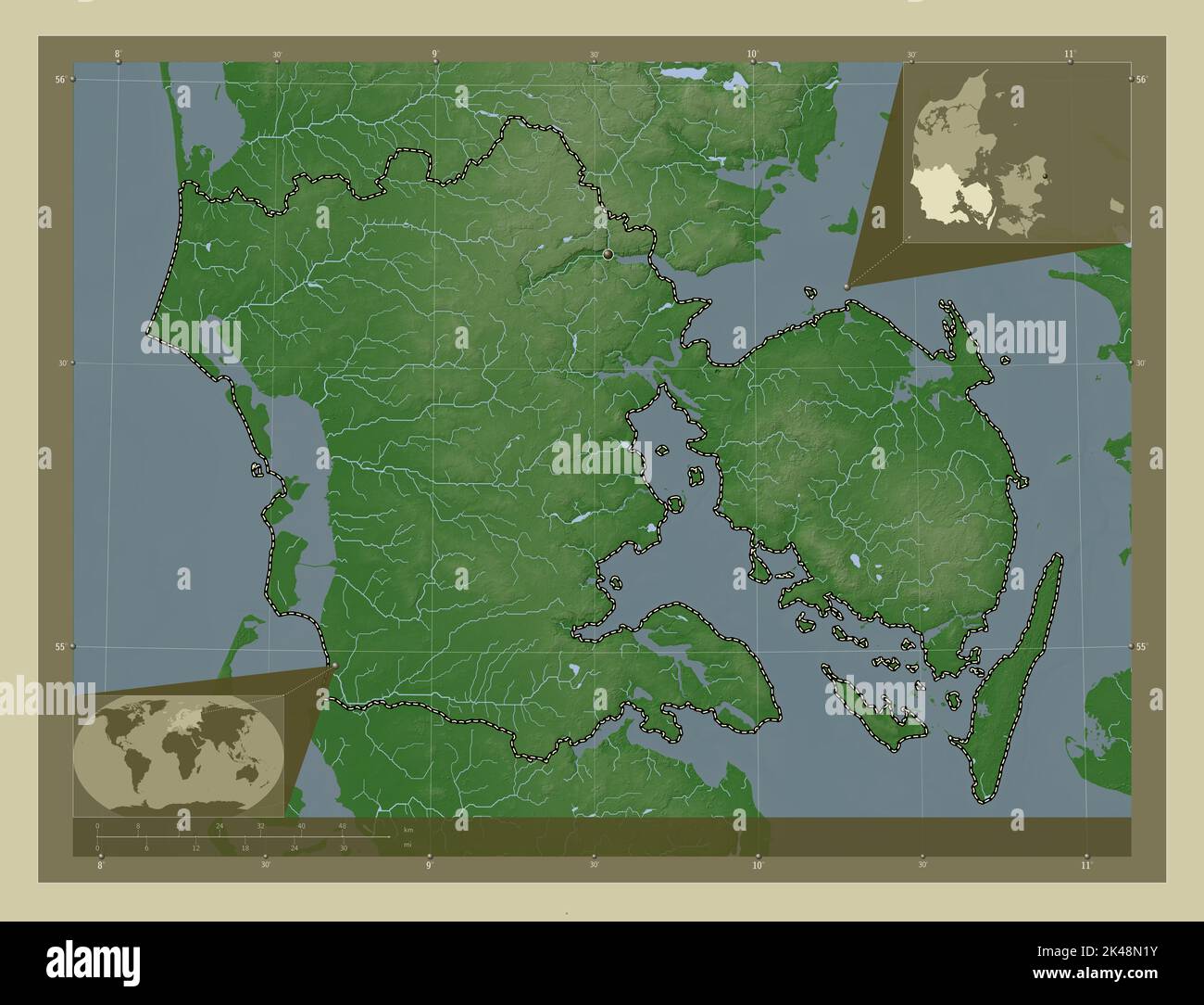 Syddanmark, region of Denmark. Elevation map colored in wiki style with ...