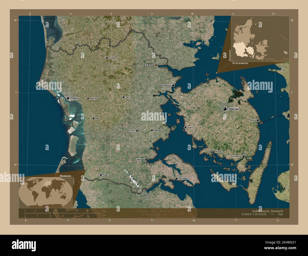 Syddanmark, region of Denmark. Low resolution satellite map. Locations and names of major cities ...