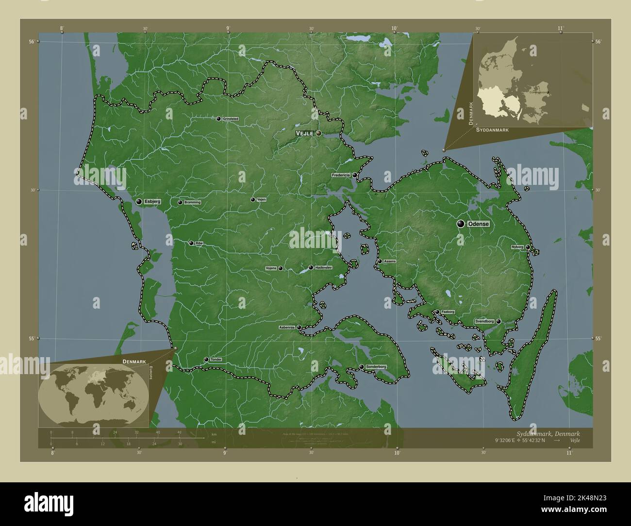 Syddanmark, region of Denmark. Elevation map colored in wiki style with lakes and rivers ...