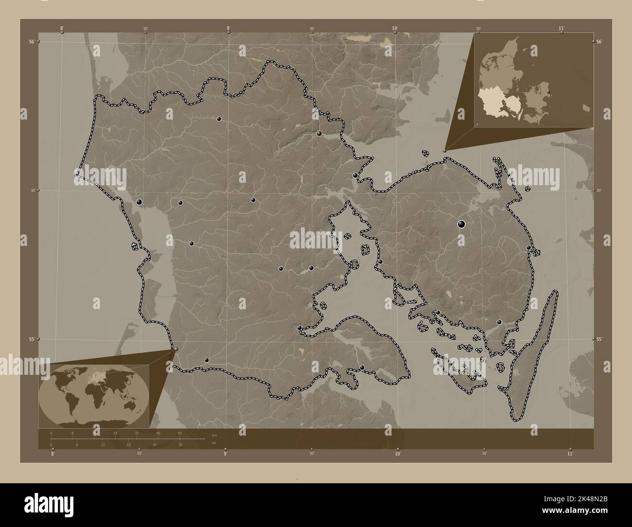 Syddanmark, region of Denmark. Elevation map colored in sepia tones ...
