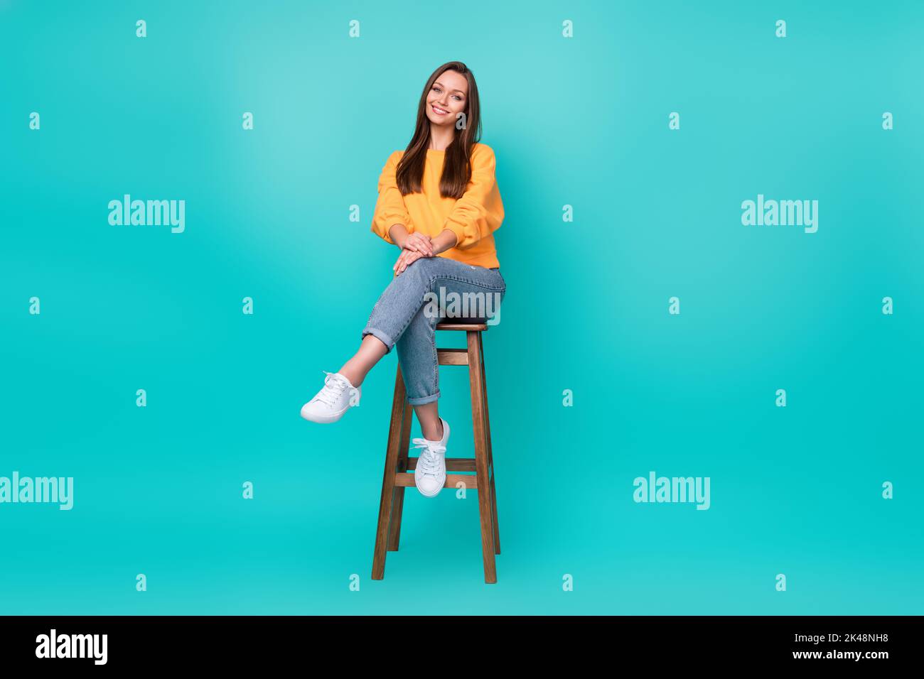 Full body size photo of young adorable gorgeous nice woman sitting ...