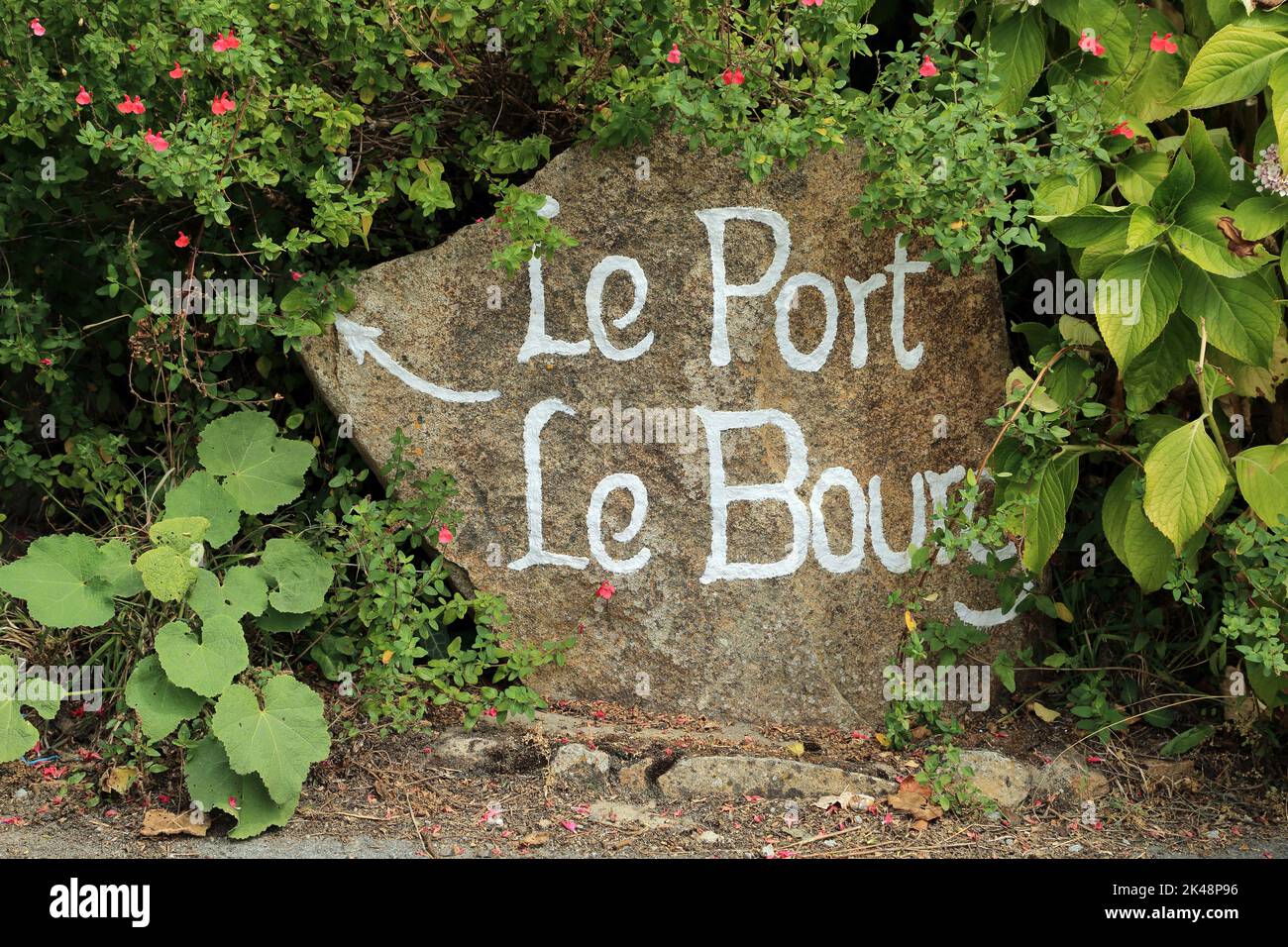 Directions painted onto stone on Kergonan, Ile Aux Moines, Golfe du ...