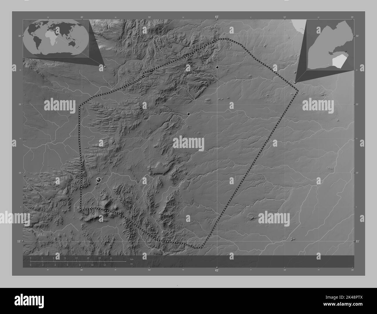Ali Sabieh, region of Djibouti. Grayscale elevation map with lakes and ...