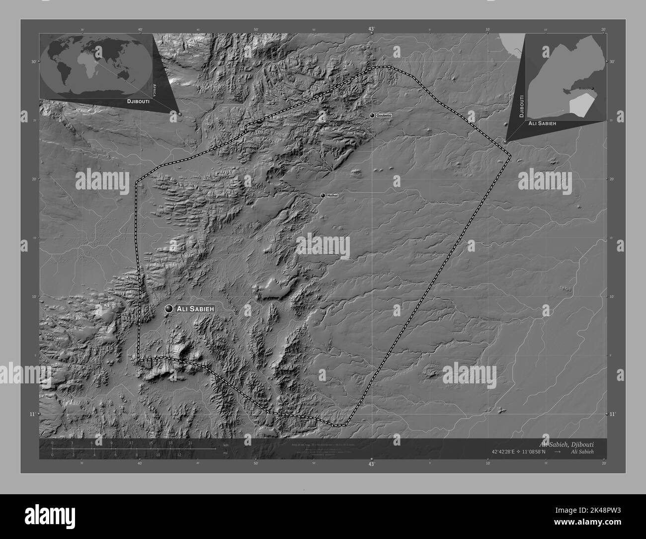 Ali Sabieh, region of Djibouti. Bilevel elevation map with lakes and ...