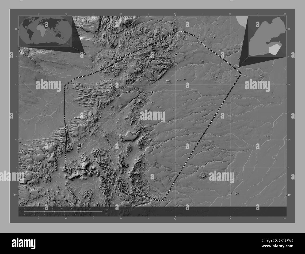 Ali Sabieh, region of Djibouti. Bilevel elevation map with lakes and ...