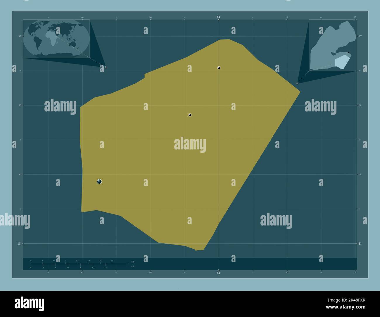 Ali Sabieh, region of Djibouti. Solid color shape. Locations of major ...