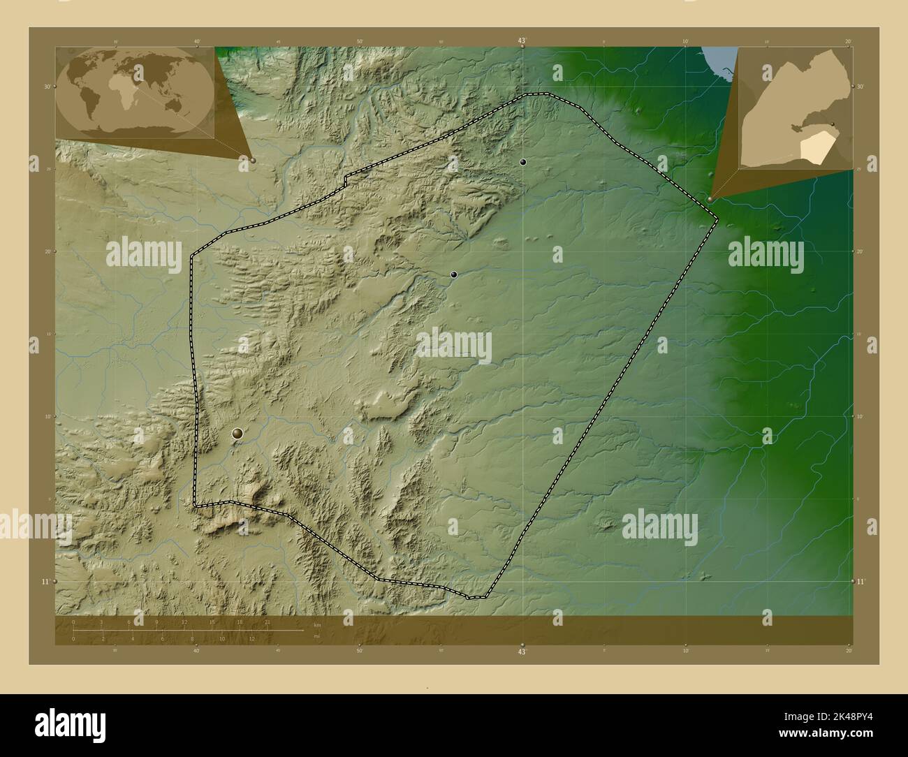 Ali Sabieh, region of Djibouti. Colored elevation map with lakes and ...
