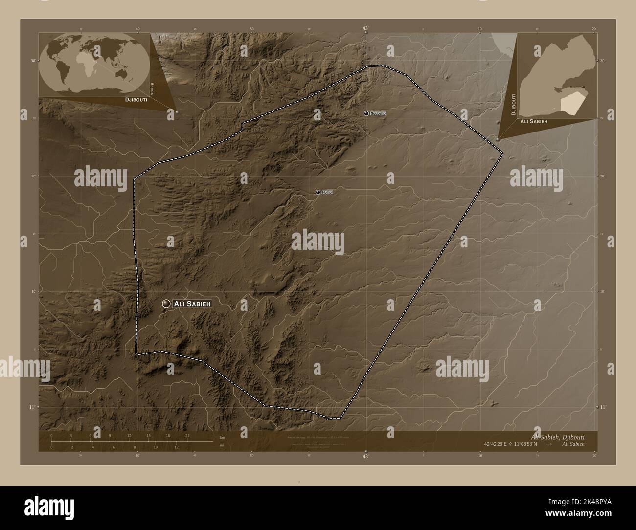 Ali Sabieh, region of Djibouti. Elevation map colored in sepia tones ...