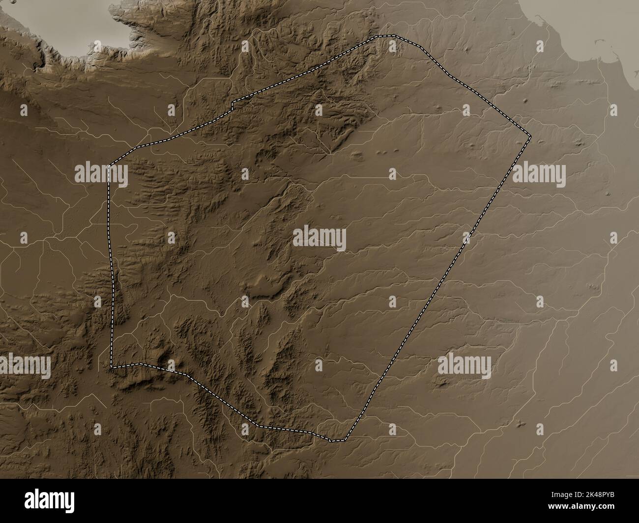 Ali Sabieh, region of Djibouti. Elevation map colored in sepia tones ...