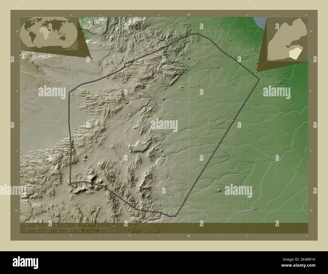 Ali Sabieh, region of Djibouti. Elevation map colored in wiki style ...