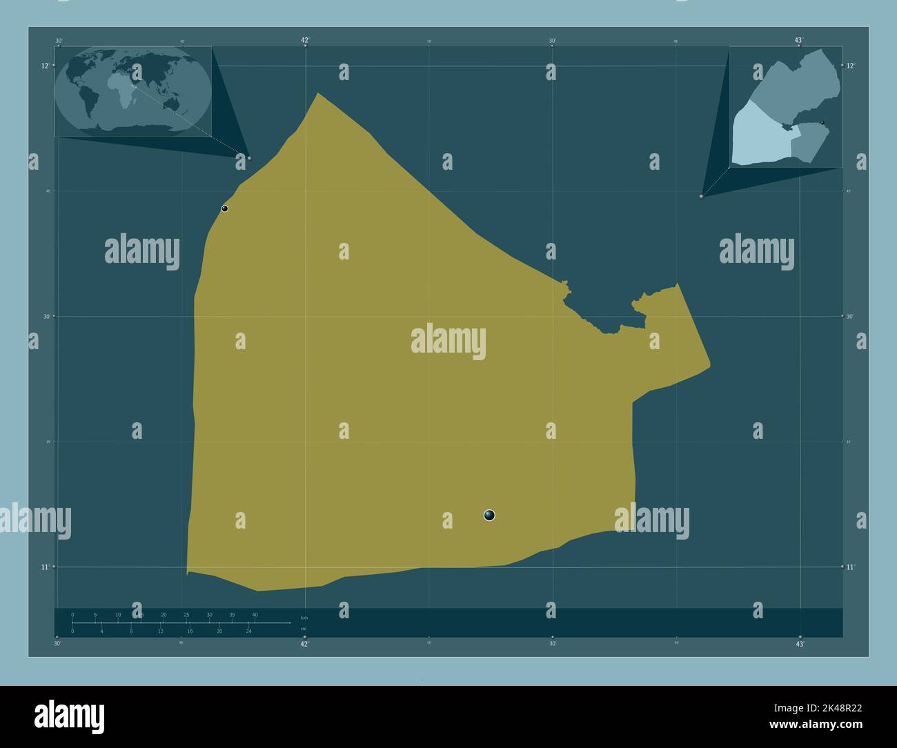 Dikhil, region of Djibouti. Solid color shape. Locations of major ...