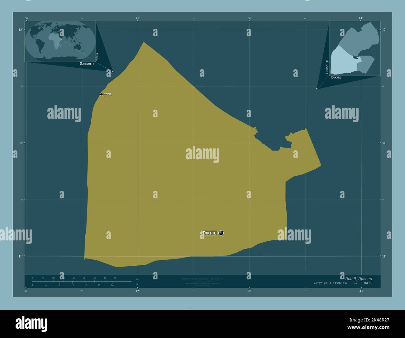 Dikhil, region of Djibouti. Solid color shape. Locations and names of ...