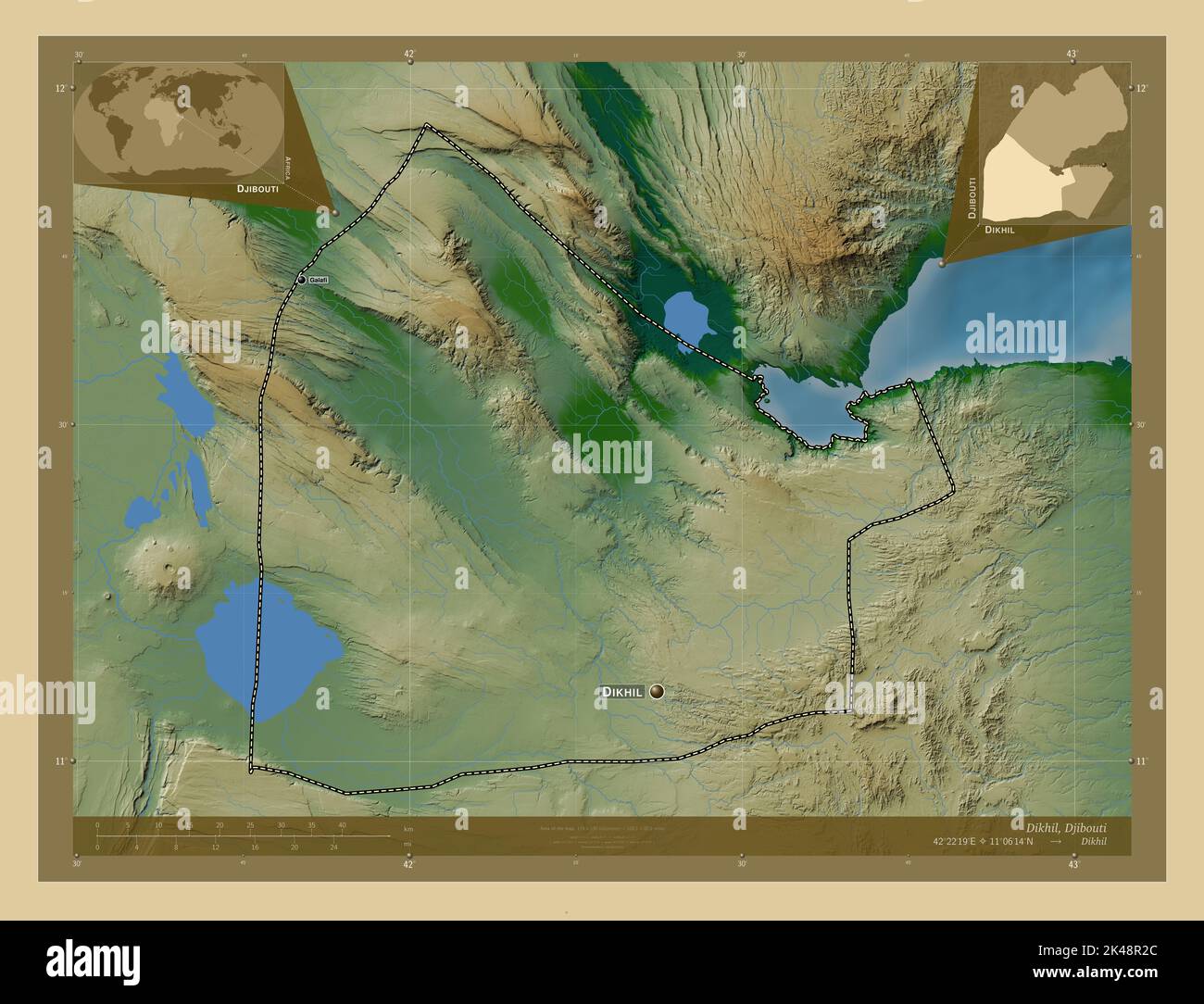 Dikhil, region of Djibouti. Colored elevation map with lakes and rivers ...
