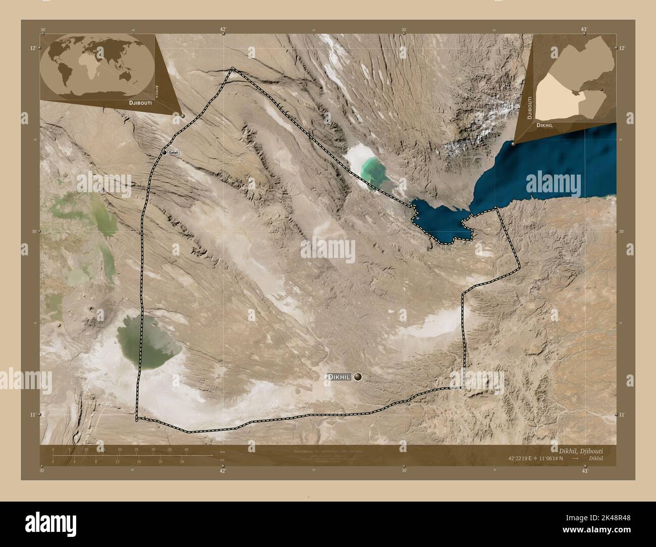 Dikhil, region of Djibouti. Low resolution satellite map. Locations and ...