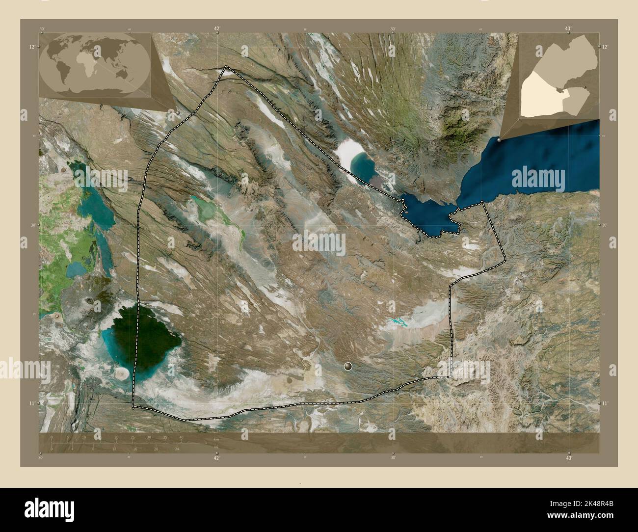 Dikhil, region of Djibouti. High resolution satellite map. Corner ...