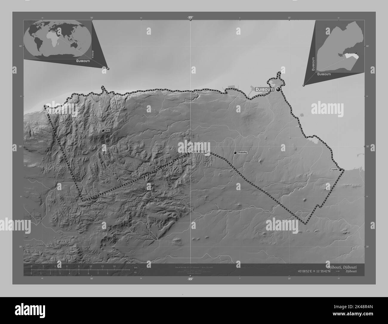 Djibouti, city of Djibouti. Grayscale elevation map with lakes and ...