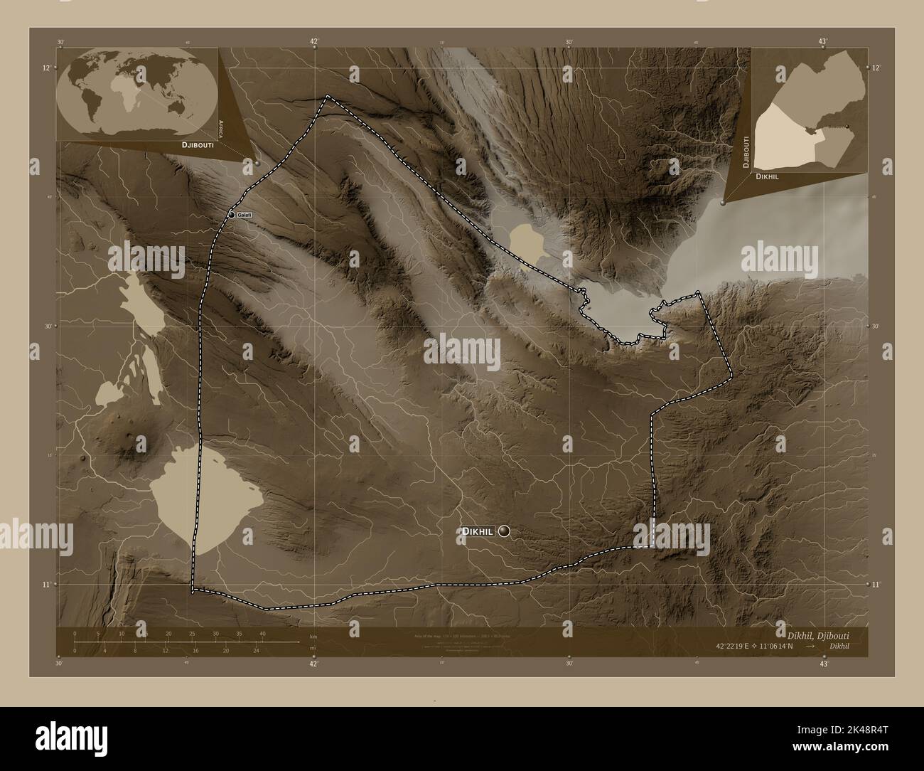 Dikhil, region of Djibouti. Elevation map colored in sepia tones with ...