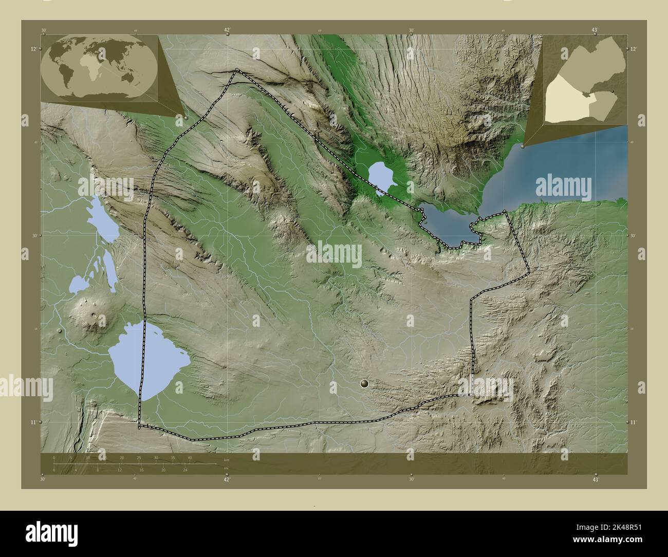 Dikhil, region of Djibouti. Elevation map colored in wiki style with ...