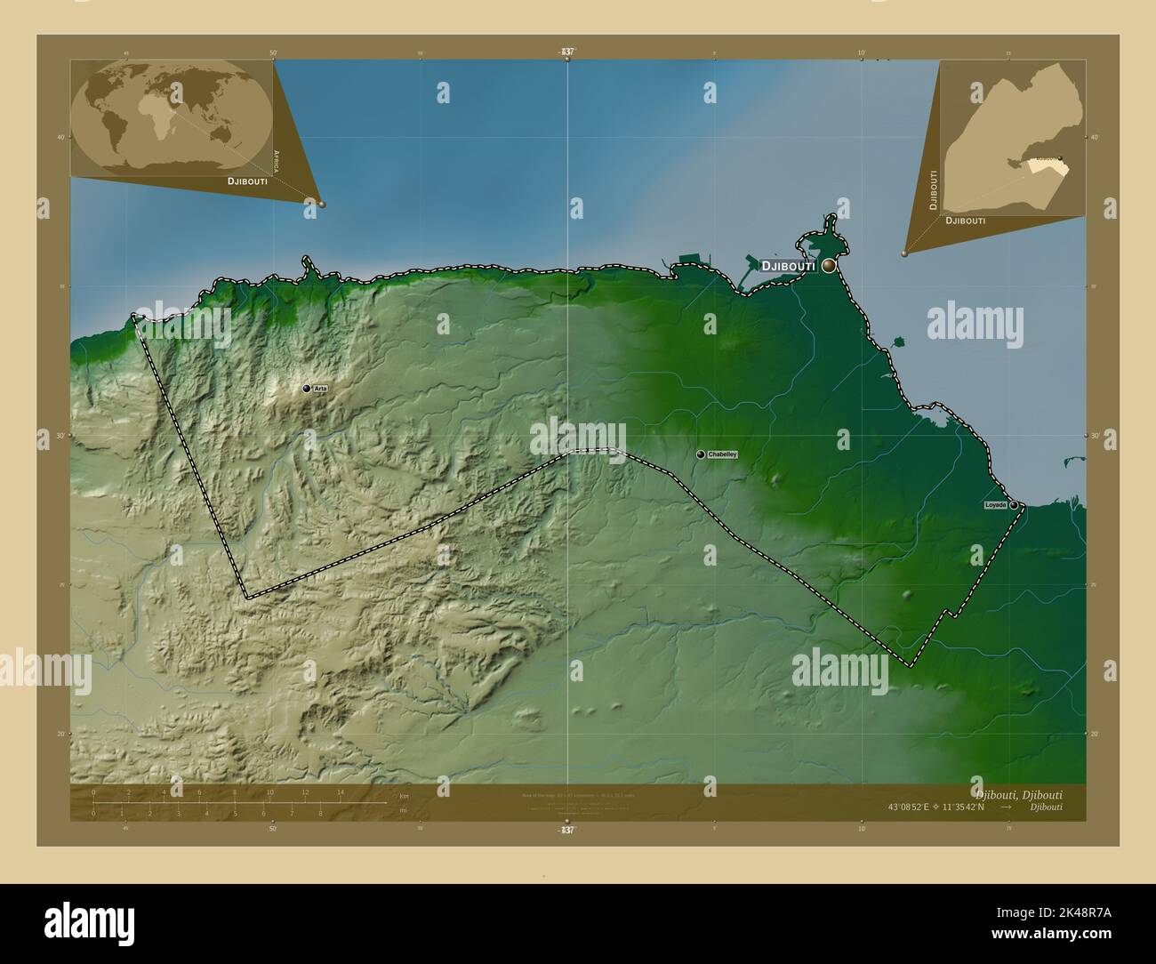 Djibouti, city of Djibouti. Colored elevation map with lakes and rivers ...