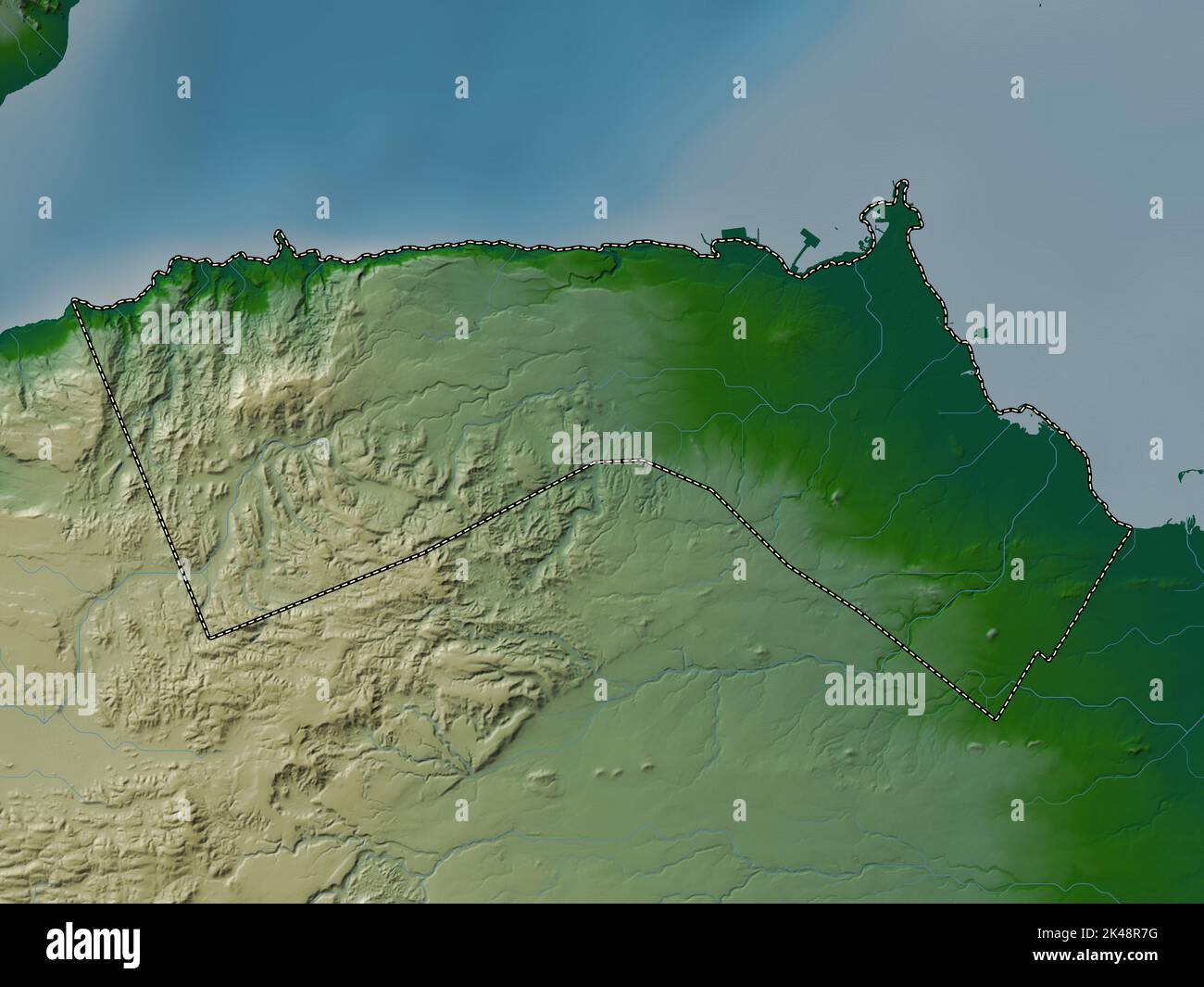 Djibouti, city of Djibouti. Colored elevation map with lakes and rivers ...