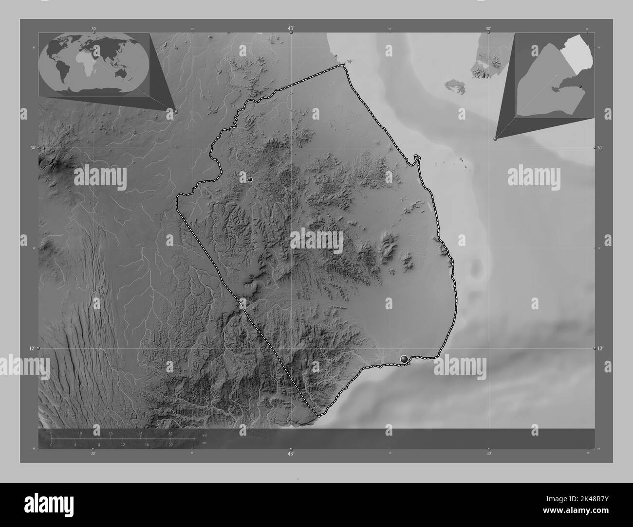 Obock, region of Djibouti. Grayscale elevation map with lakes and ...
