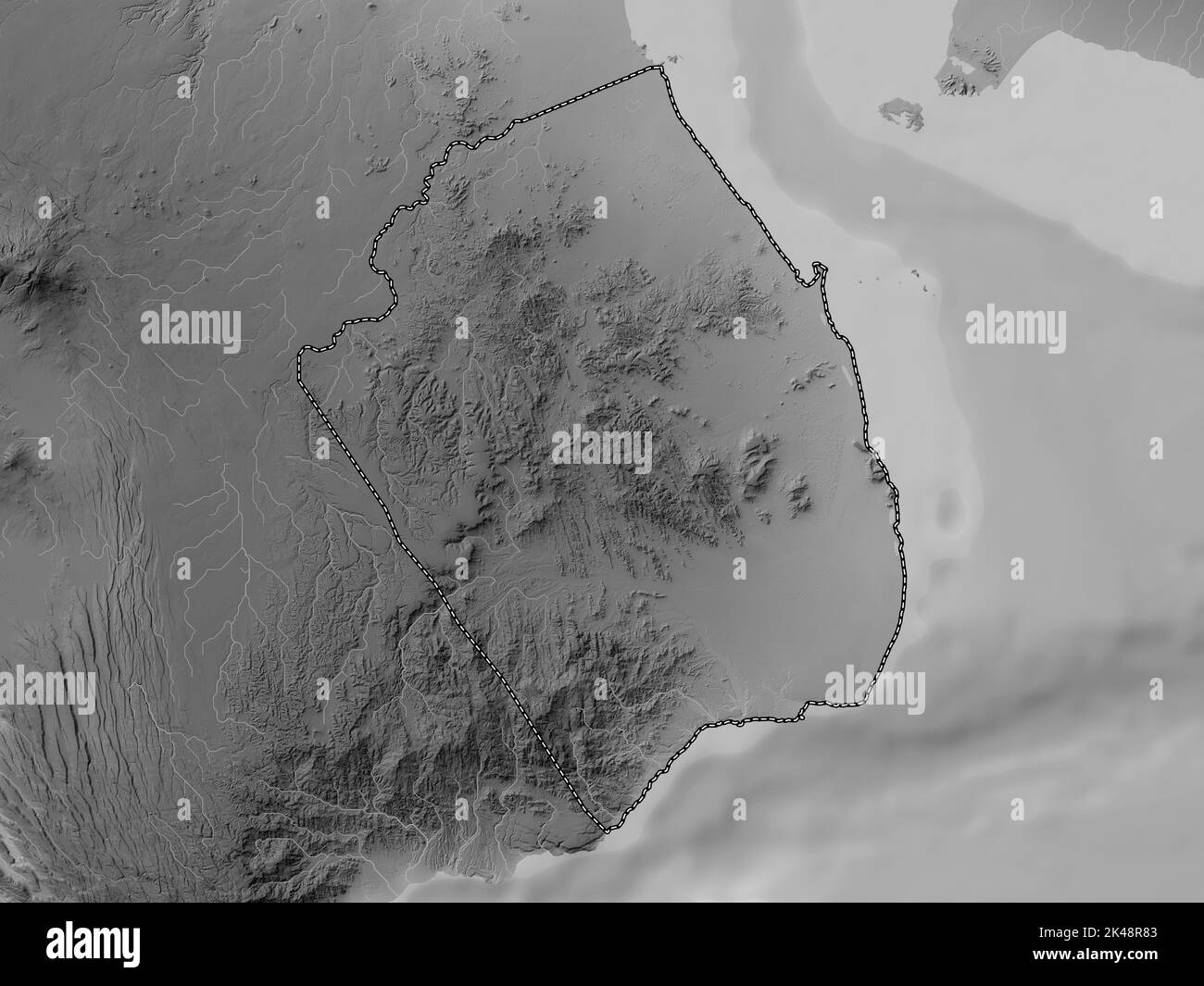 Obock, region of Djibouti. Grayscale elevation map with lakes and ...