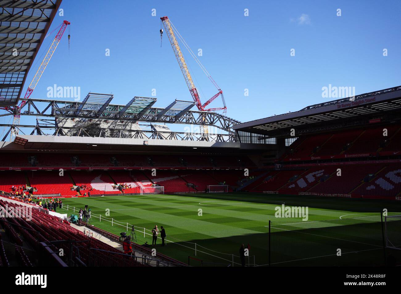 A view inside the stadium of construction work on the Anfield Road ...
