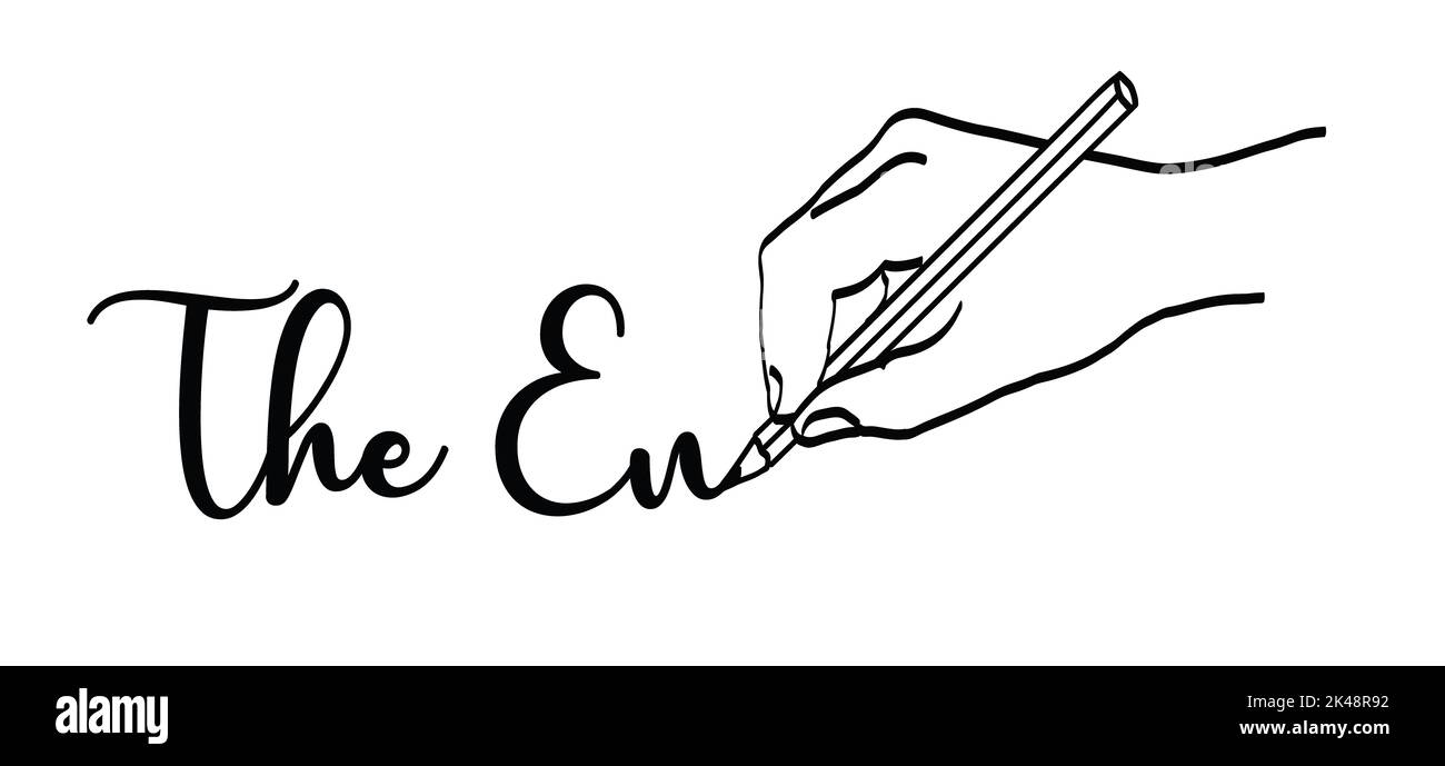 Hand holding pencil and writing the end, line pattern. The end movie ...