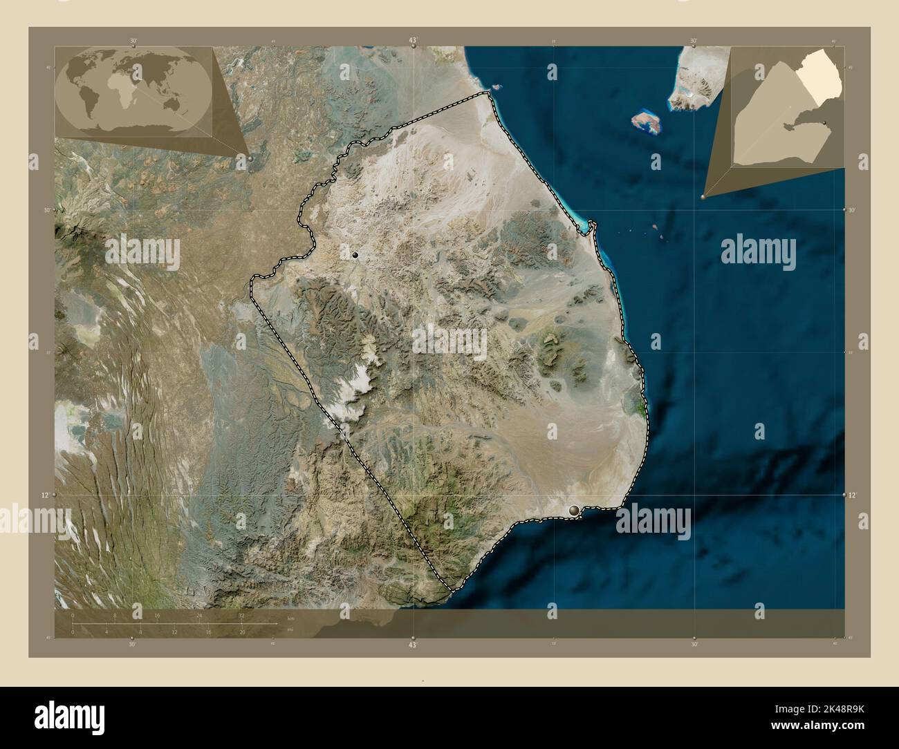 Obock, region of Djibouti. High resolution satellite map. Locations of ...
