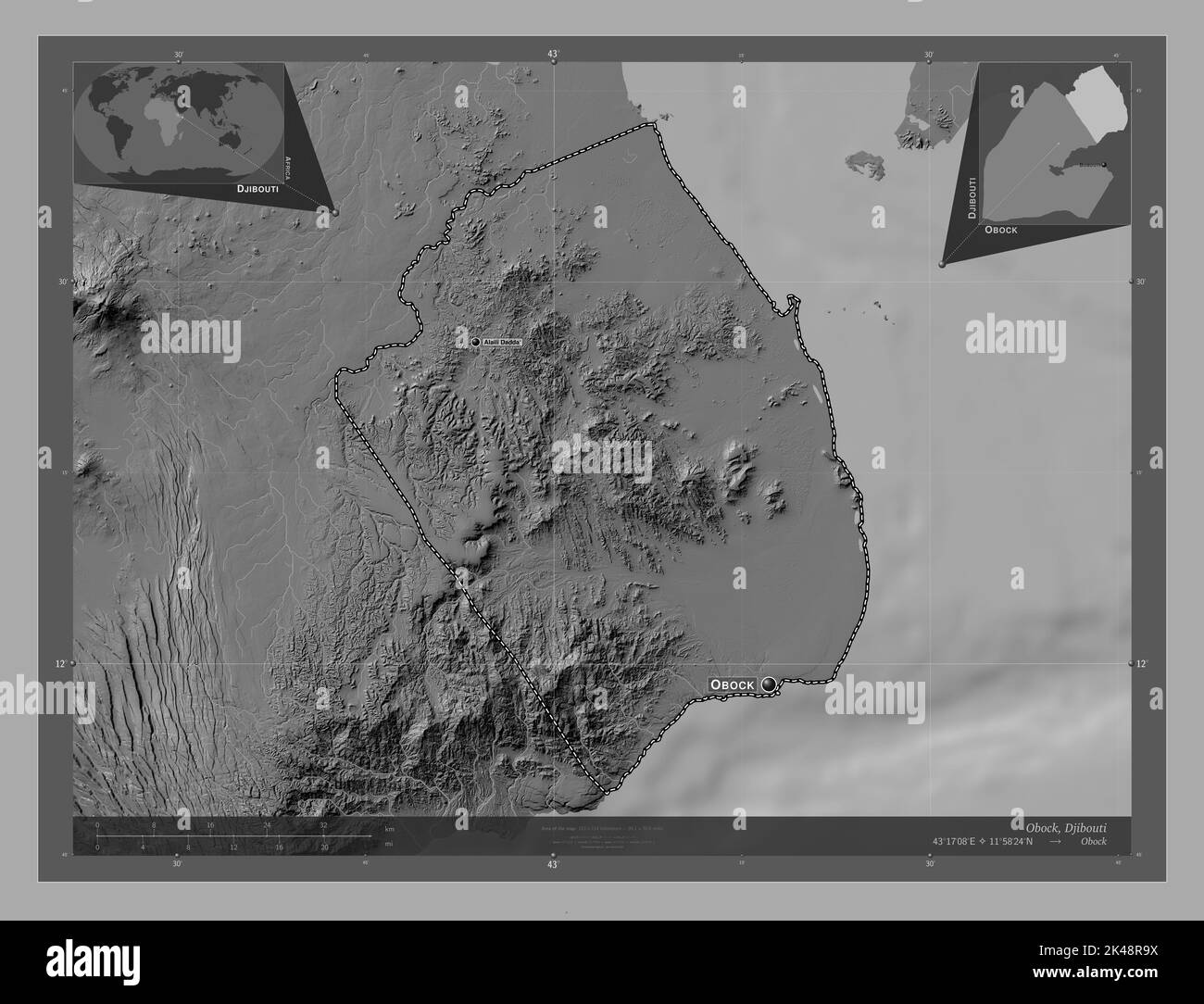 Obock, region of Djibouti. Bilevel elevation map with lakes and rivers ...