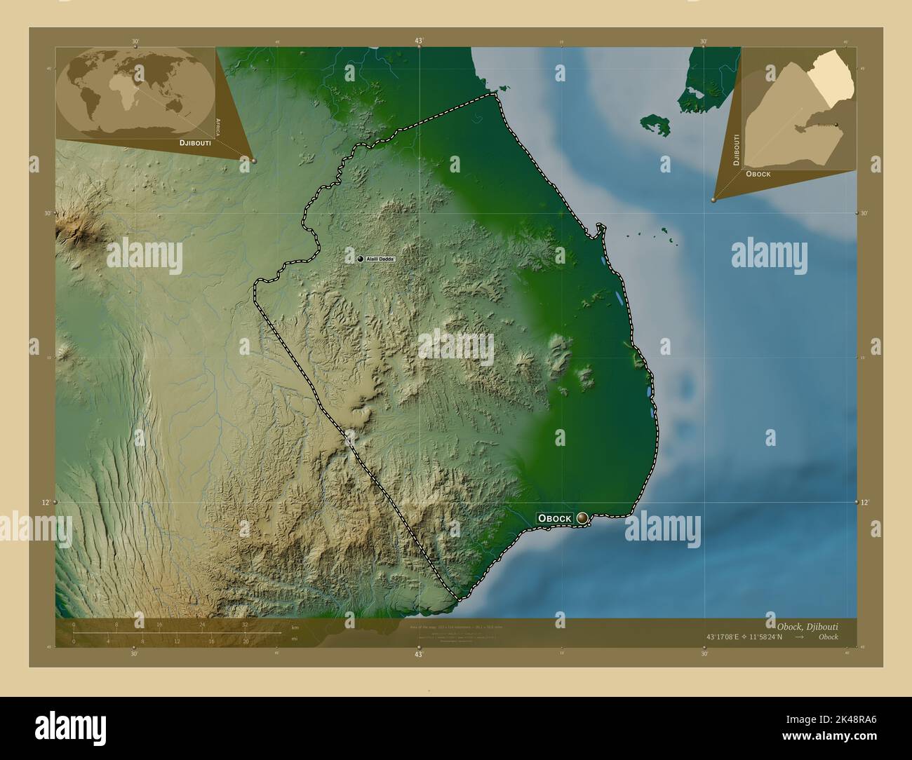 Obock, region of Djibouti. Colored elevation map with lakes and rivers ...