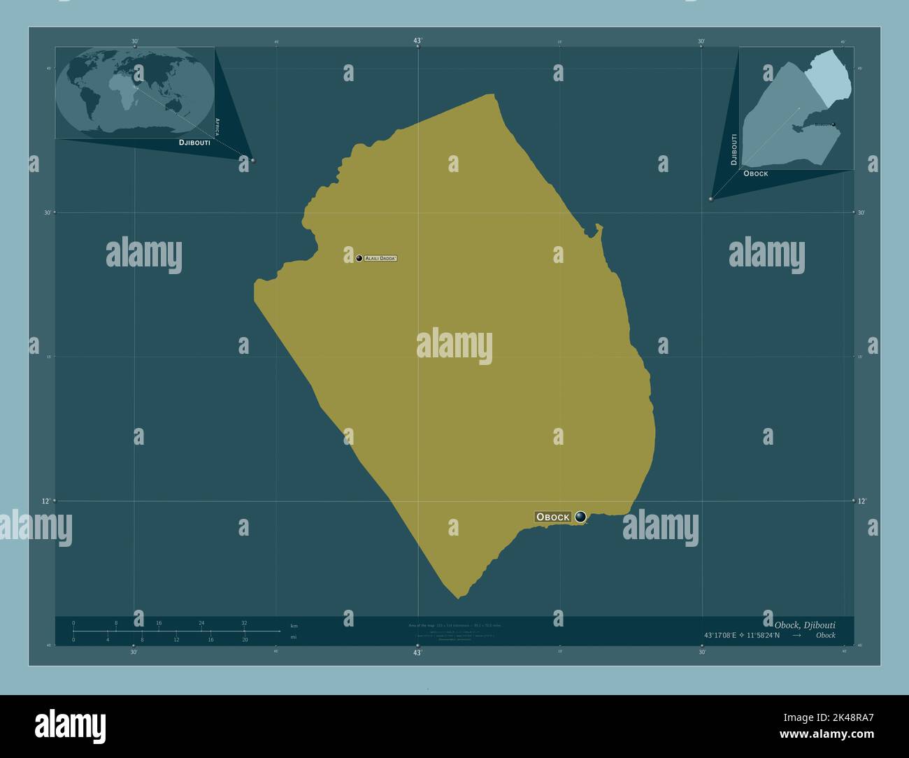 Obock, region of Djibouti. Solid color shape. Locations and names of ...