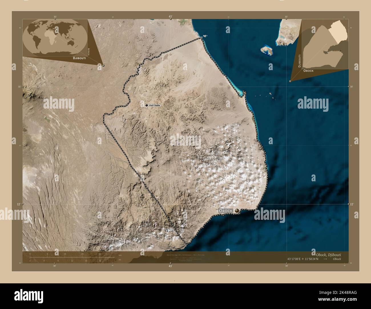 Obock, region of Djibouti. Low resolution satellite map. Locations and ...