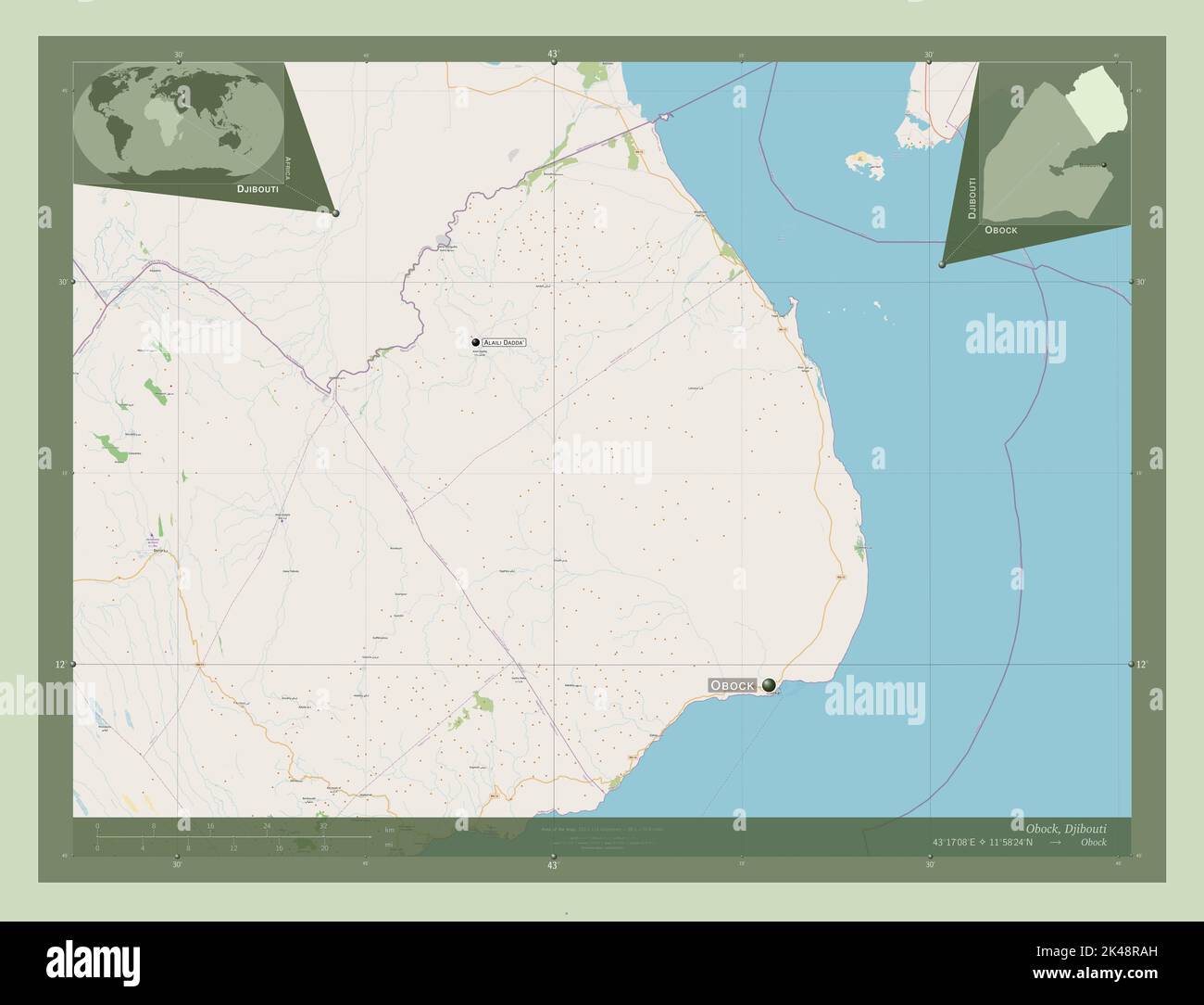 Obock, region of Djibouti. Open Street Map. Locations and names of ...